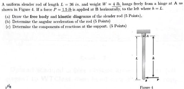 SOLVED: A uniform slender rod of length L = 36 in. and weight W = 4 lb hangs freely from a hinge ...