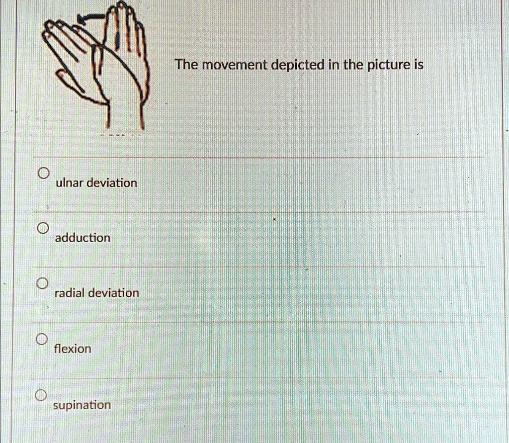 SOLVED: The movement depicted in the picture is: - ulnar deviation ...