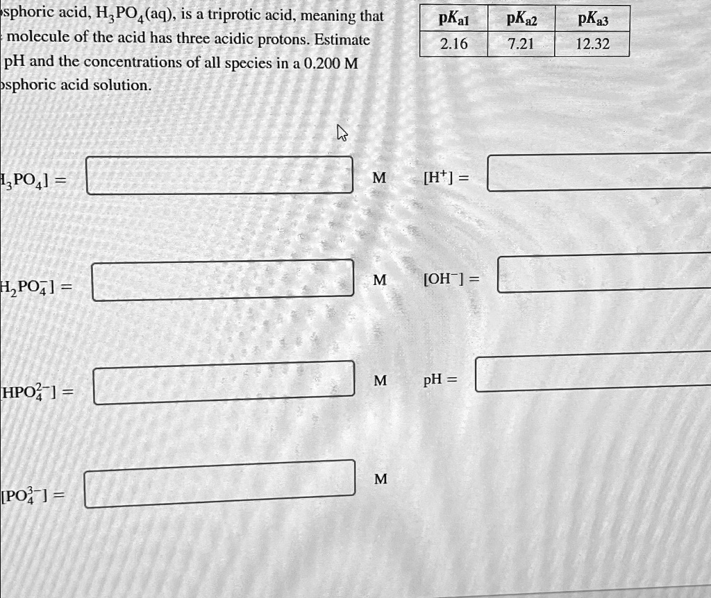 Phosphoric acid, H3PO4(aq), is a triprotic acid, meaning that the molecule of the acid has three ...