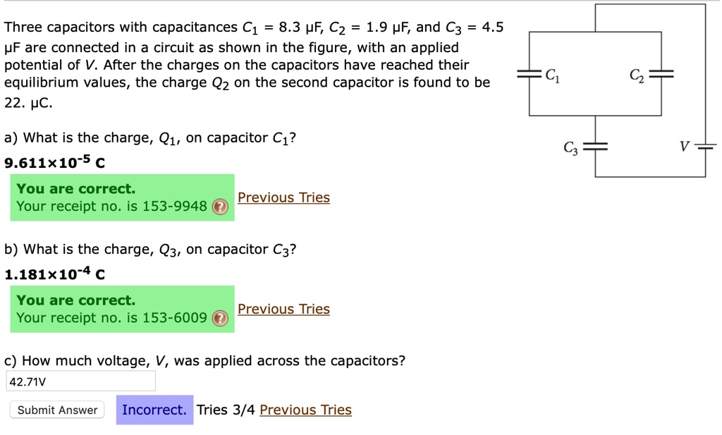SOLVED: Three capacitors with capacitances C1 = 8.3 F, C2 = 1.9 F, and ...