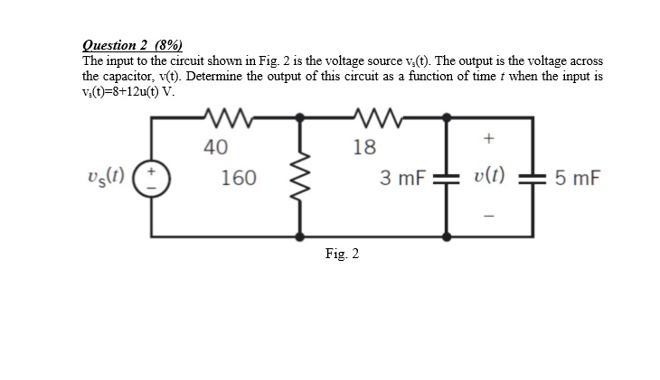 SOLVED: Question 2 (8%): The input to the circuit shown in Fig. 2 is the voltage source vs(t ...