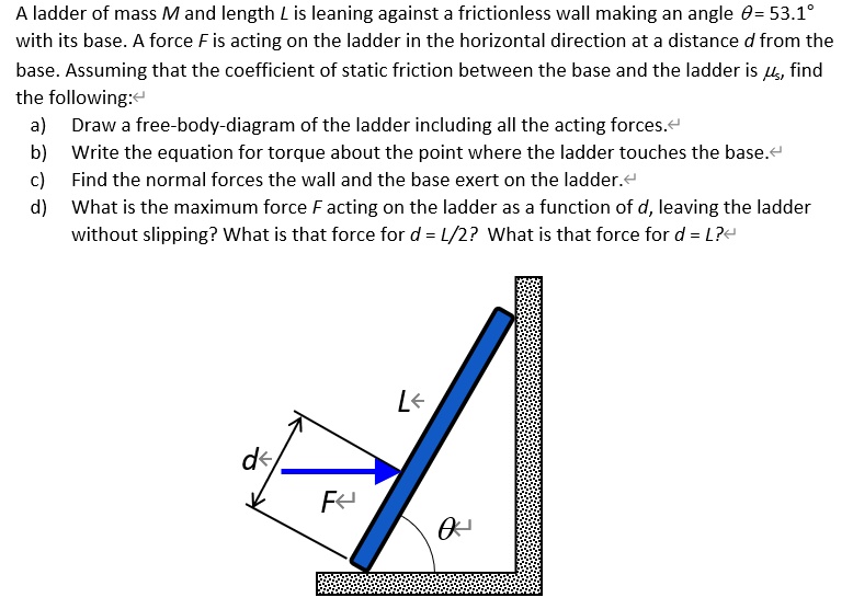 SOLVED: A ladder of mass M and length is leaning against a frictionless ...