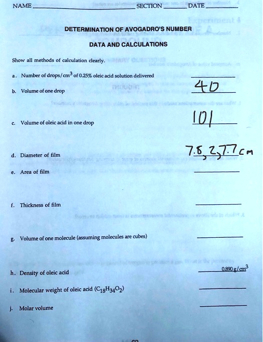 NAME SECTION DATE DETERMINATION OF AVOGADRO'S NUMBER DATA AND ...