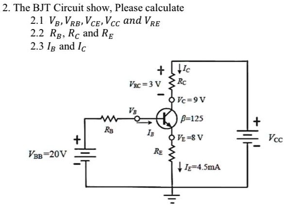 SOLVED: The BJT Circuit show; Please calculate 2.1 VB, VRB, VcE, Vcc, and VRE. 2.2 RB, Rc, and ...