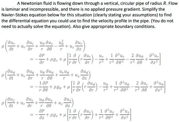 SOLVED: A Newtonian fluid is flowing down through a vertical, circular pipe of radius R. The ...