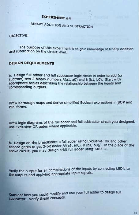 SOLVED: EXPERIMENT#4 BINARY ADDITION AND SUBTRACTION OBJECTIVE: and subtraction on the circuit ...