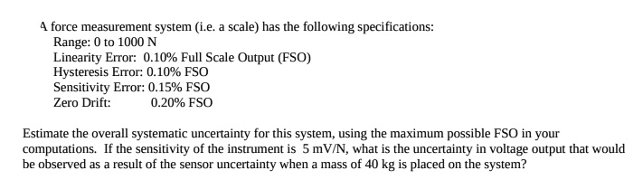 SOLVED: The force measurement system (i.e. scale) has the following specifications: - Range = 0 ...