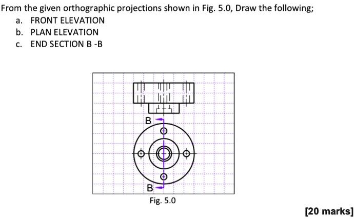 From the given orthographic projections shown in Fig. 5.0, Draw the following; a. FRONT ...