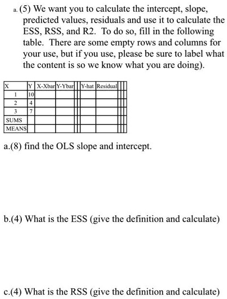 SOLVED: We want you to calculate the intercept, slope predicted values, residuals, and use them ...