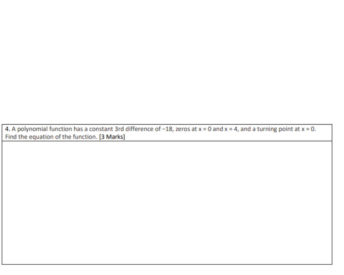 4. A polynomial function has a constant 3rd difference of -18 , zeros ...