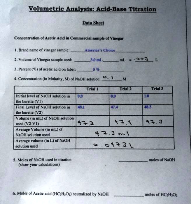 volumetric analysis acid base titration data shedt concentration of ...