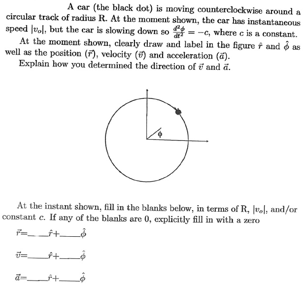 SOLVED: A car (the black dot) is moving counterclockwise around a circular track of radius R. At ...