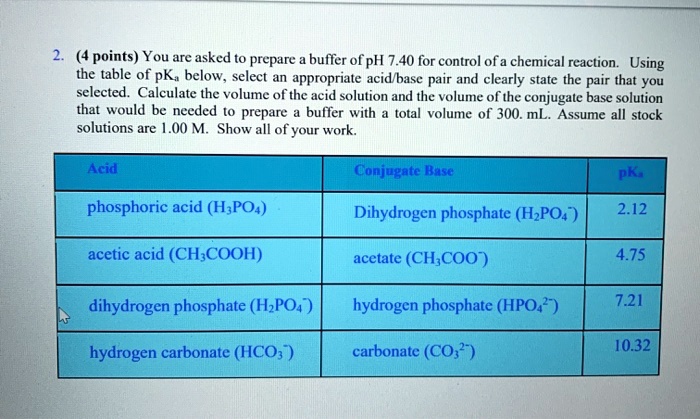 SOLVED: points) You are asked t0 prepare- buffer of pH 7.40 for control of a chemical reaction ...