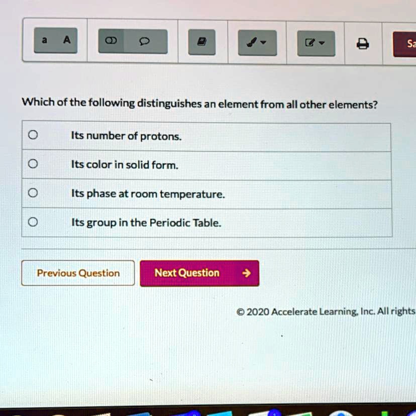Which of the following distinguishes an element from all other elements? Its number of protons ...