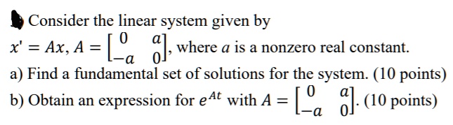 SOLVED: Consider the linear system given by X' Ax,A = where a is a nonzero real constant a 0 a ...