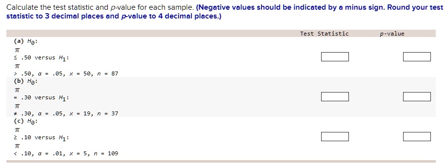Calculate the test statistic and p value for each sample...