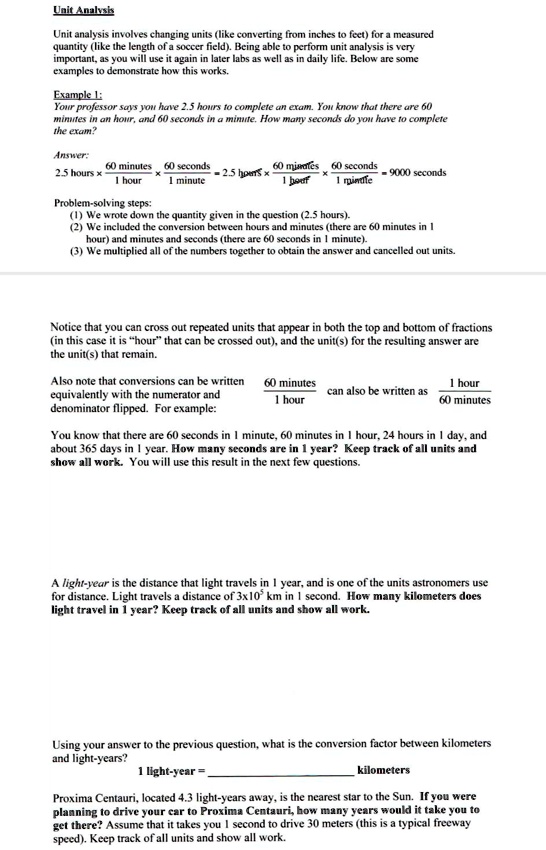 SOLVED: Unit Analysis Unit analysis involves changing units (like converting from inches to feet ...