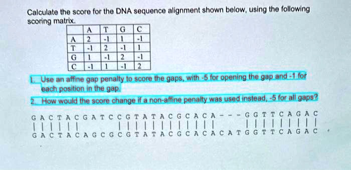 Calculate the score for the DNA sequence alignment shown below, using the following scoring ...