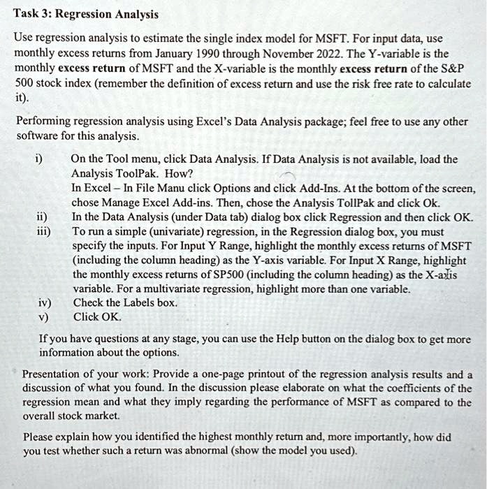 SOLVED: Task 3: Regression Analysis Use regression analysis to estimate the single index model ...