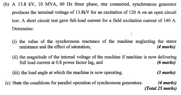 (b) A 13.8 kV, 10 MVA, 60 Hz three phase, star connected, synchronous ...