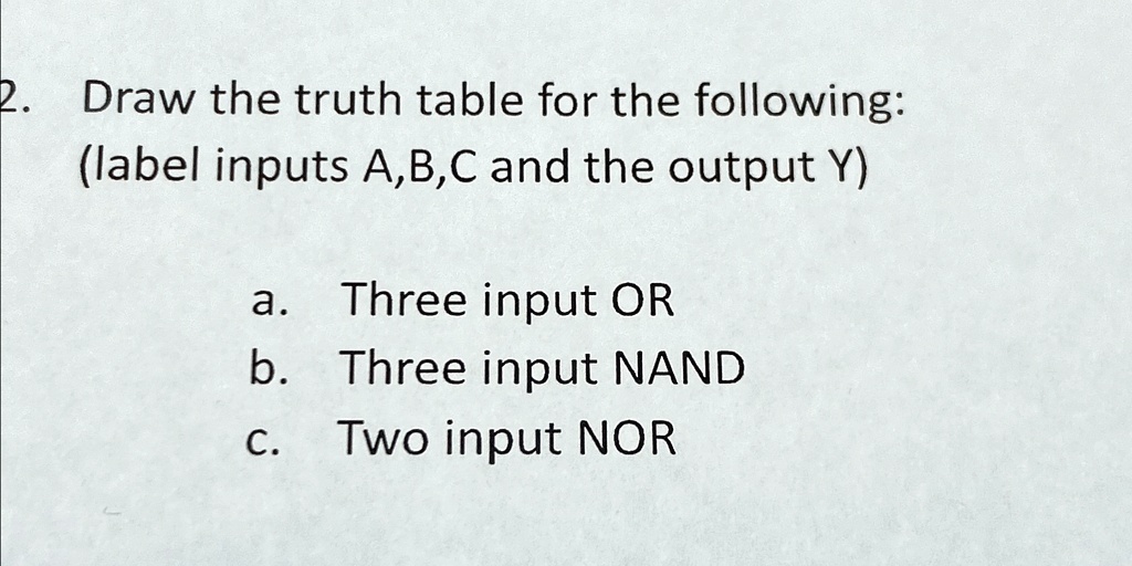 2. Draw the truth table for the following: (label inputs A,B,C and the output Y) a. Three input ...