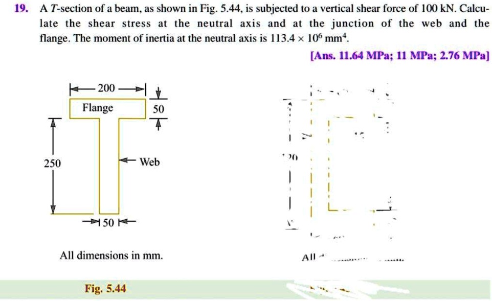 19. A T-section of a beam, as shown in Fig. 5.44, is subjected to a ...