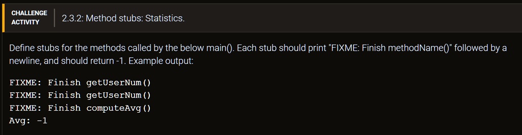 2.3.2: Method stubs: Statistics. Define stubs for the methods called by ... 2.3.2: Method stubs: Statistics. Define stubs for the methods called by ...