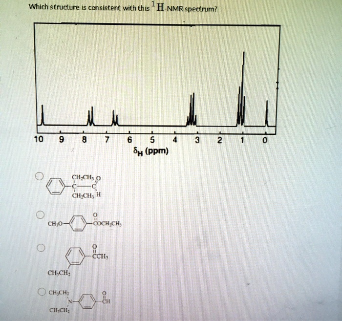SOLVED: Which structure is consistent with this H-NMR spectrum? 10 Î´ (ppm) CH-CH3; 0 CH2CH3; H ...