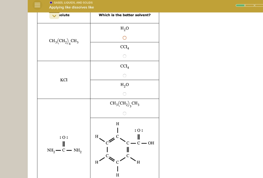 SOLVED: GASES, Liquids, and Solids: Applying "like dissolves like" Which is the better solvent ...