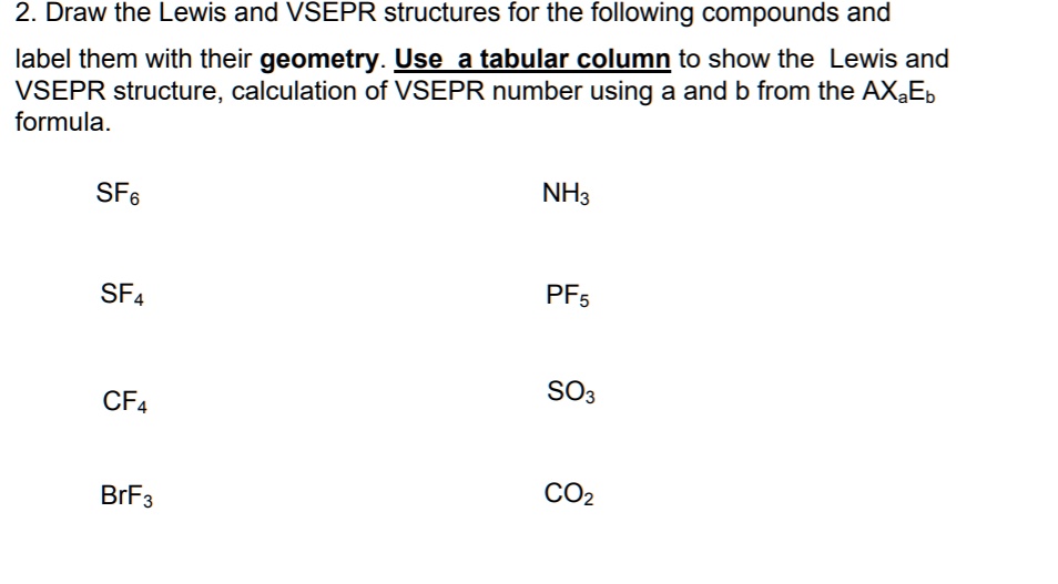 SOLVED: 2. Draw the Lewis and VSEPR structures for the following ...