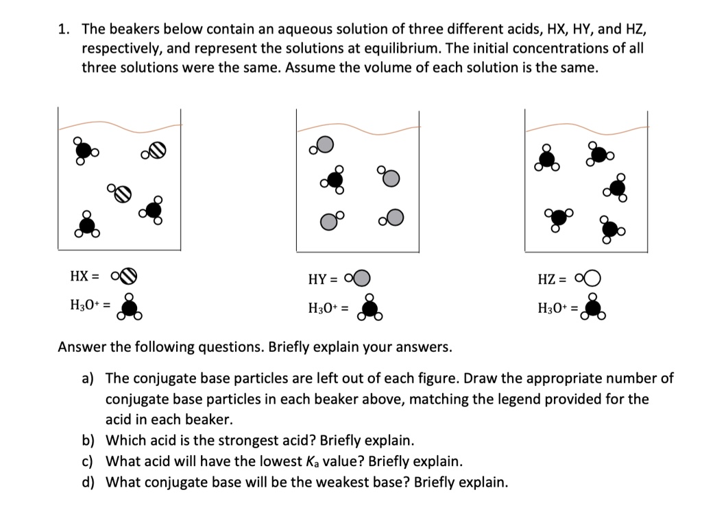 SOLVED: The beakers below contain an aqueous solution of three different acids, HX, HY, and HZ ...