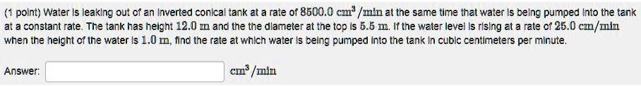SOLVED: Water is leaking out of an inverted conical tank at a rate of ...