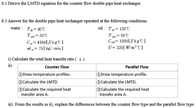 SOLVED: Derive the LMTD equation for the counter flow double pipe heat exchanger 8.3 Answer for ...