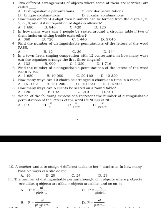 Solved I Different Arrangements Of Objects Where Some Of Them Are Identical Are Called 9378