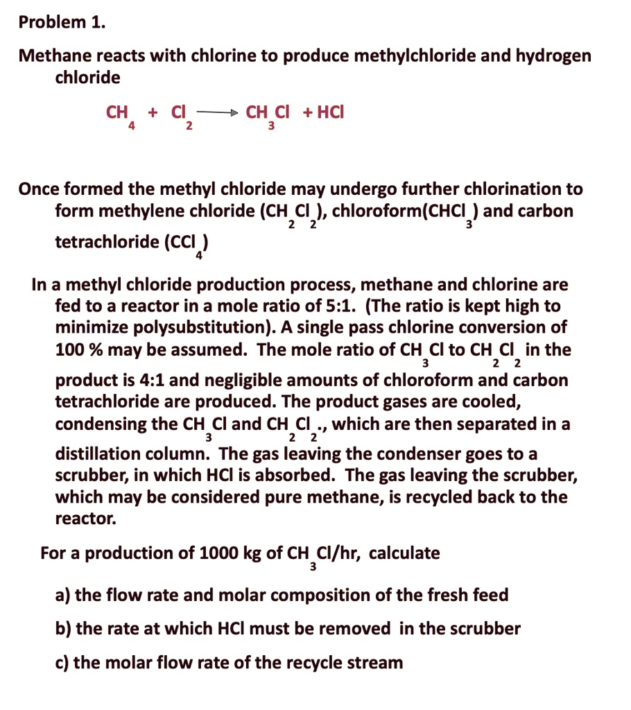 Problem 1. Methane reacts with chlorine to produce methylchloride and hydrogen chloride CH4 ...
