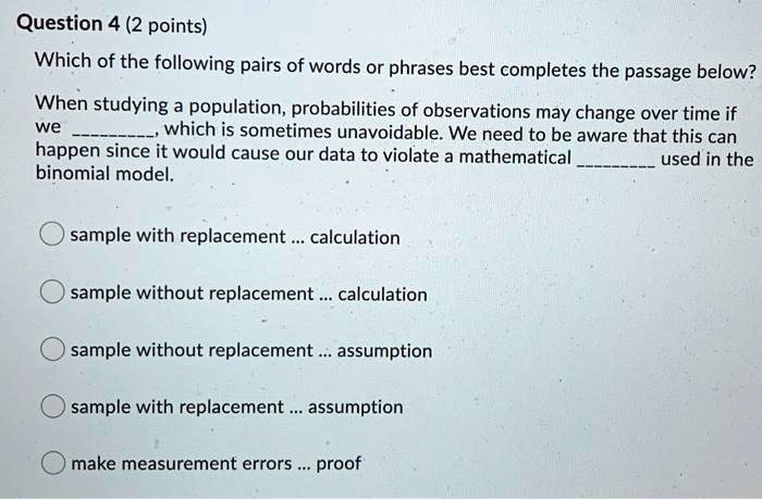 SOLVED: Question 4 (2 points) Which of the following pairs of words or ... SOLVED: Question 4 (2 points) Which of the following pairs of words or ...