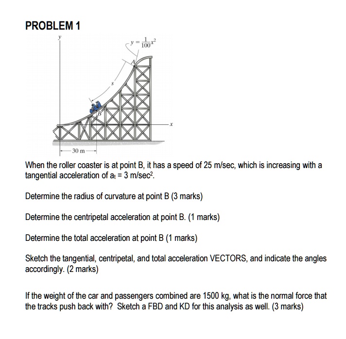 PROBLEM 1 y = (1)/(100)x^2 30 m When the roller coaster is at point B ...
