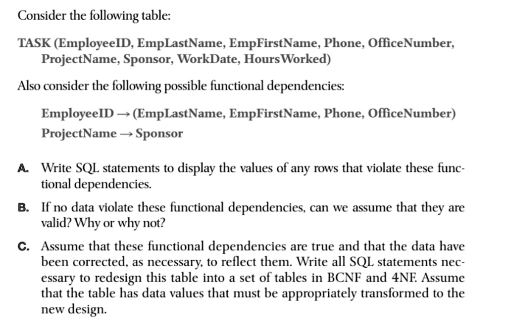 Consider the following table: TASK (EmployeeID, EmpLastName, EmpFirstName, Phone, OfficeNumber ...
