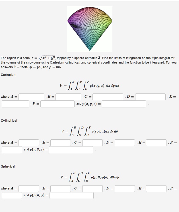 SOLVED:The region cone Vz2 + y2 topped DY sphere of radius Find the limits of integration on the ...