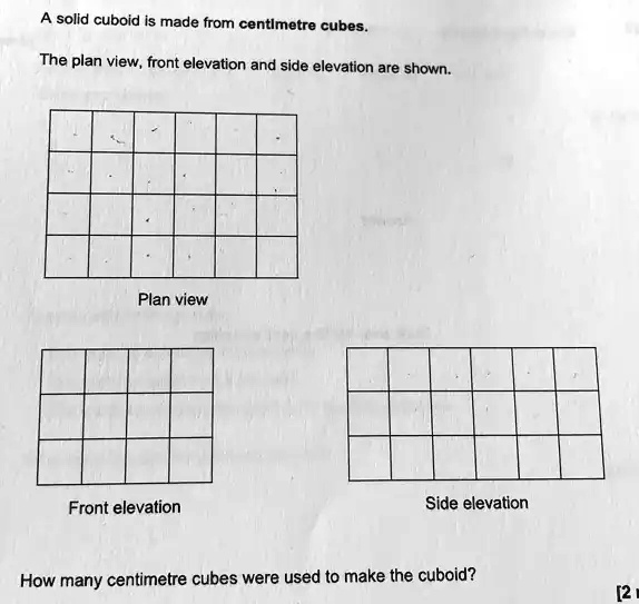 SOLVED: A solid cuboid is made from centimetre cubes. The plan view, front elevation, and side ...