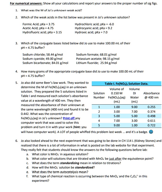 SOLVED: Fornumerical answers: Show all your culations and report your answers t0 the proper ...