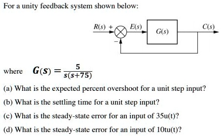 SOLVED: For a unity feedback system shown below: R(s) + E(s) C(s) G(s) 5 where G(S) = s(s+75) (a ...