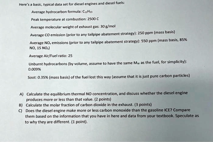 Here's a basic, typical data set for diesel engines and diesel fuels ...
