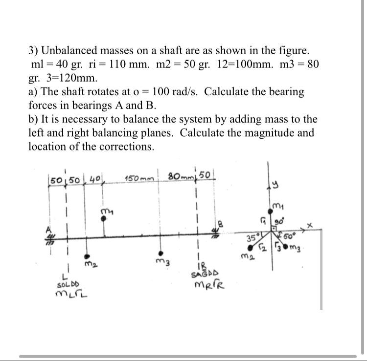 3) Unbalanced masses on a shaft are as shown in the figure. ml = 40 gr ...