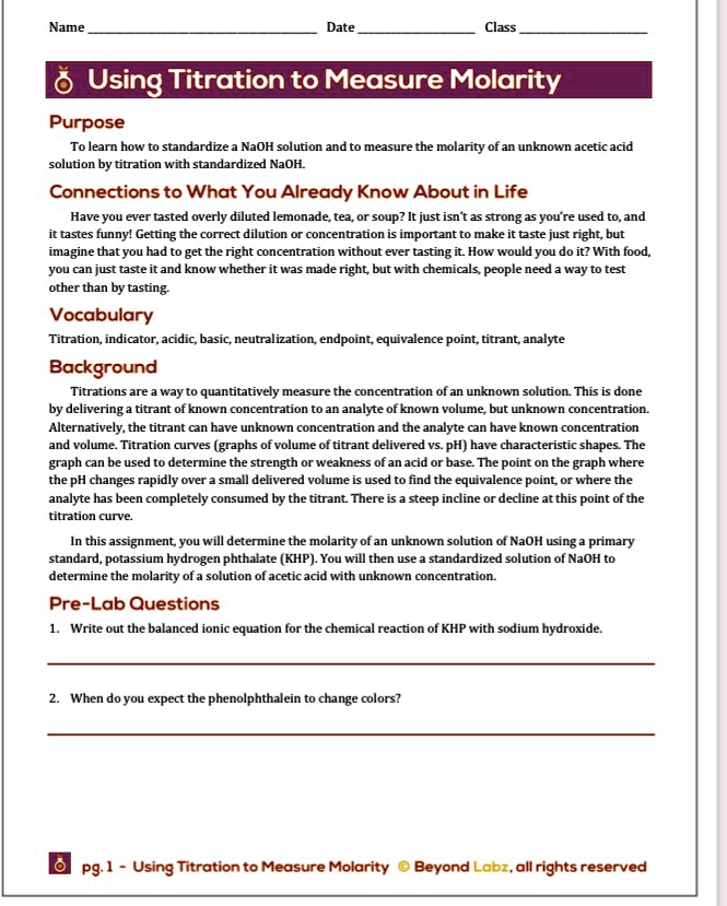SOLVED: The whole lab! Name Date Class Using Titration to Measure ...