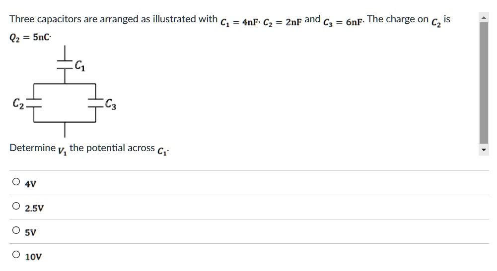 SOLVED: Three capacitors are arranged as illustrated with C1 = 4nF, C2 ...
