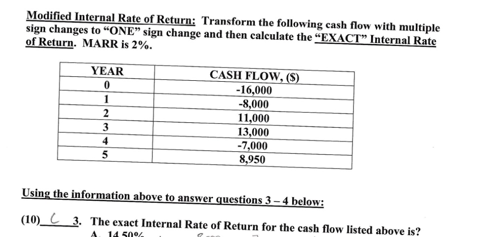 SOLVED: the answer is 3.25% Modified Internal Rate of Return: Transform the following cash flow ...