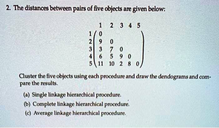SOLVED: The distances between pairs of five objects are given below: 3 9 5 11 10. Cluster the ...
