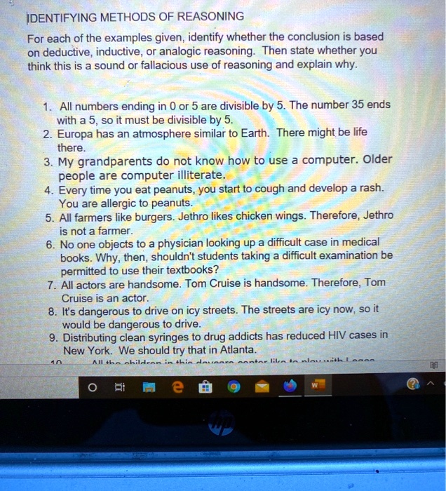 Solved Identifying Methods Of Reasoning For Each Of The Examples Given Identify Whether The