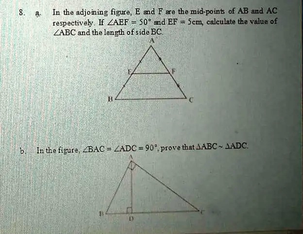 SOLVED: In the adjoining figure, E and F are the mid-points of AB and AC respectively. Given ...